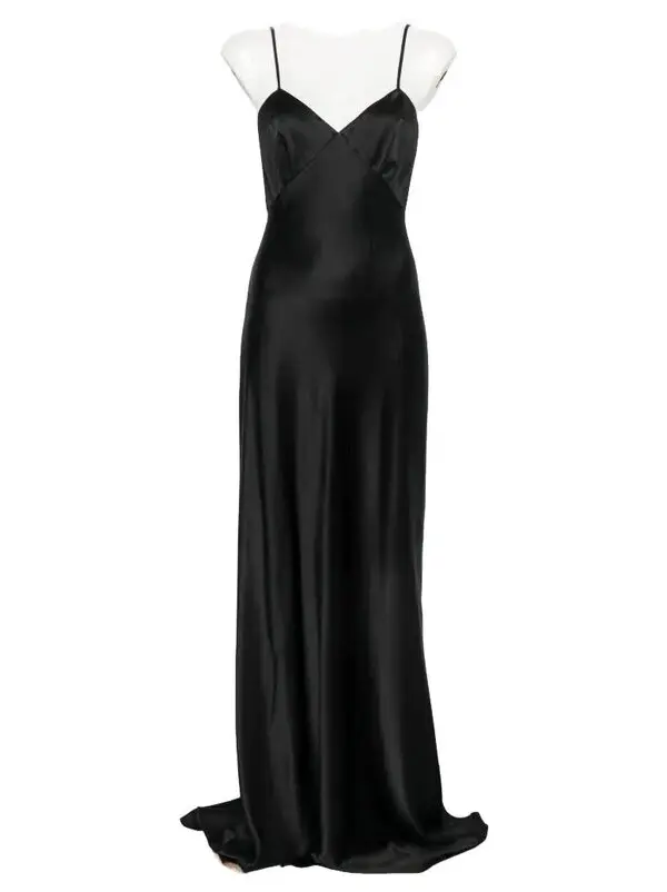 Max Mara Satin V-neck Spaghetti Strap Maxi Dress With Back Cut-out - Black