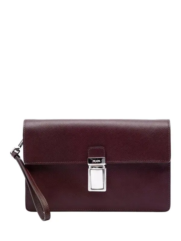 Prada Saffiano Leather Clutch Bag With Push Lock Closure - Red