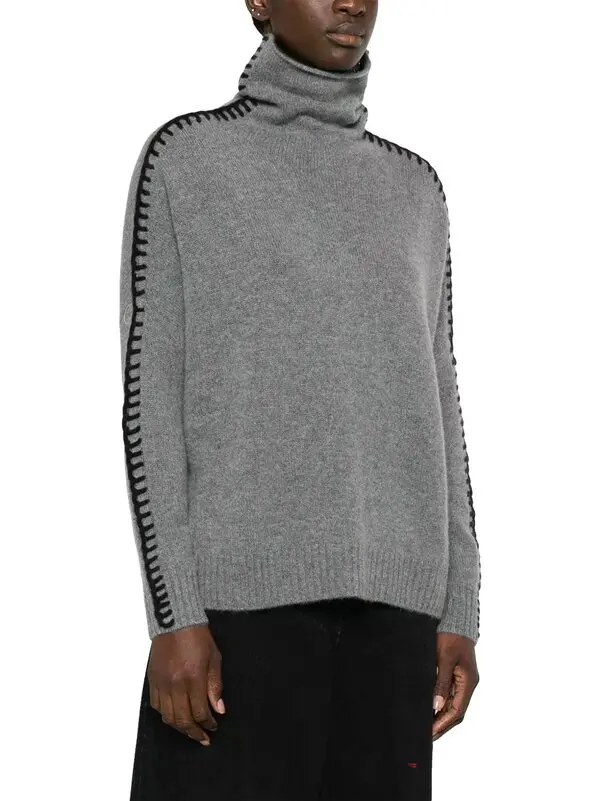 KUJTEN Long Sleeve Mock Neck Sweater With Contrast Stitching - Grey