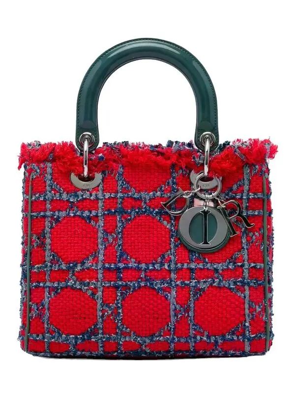 Dior Medium Tweed Cannage Lady Satchel - Red