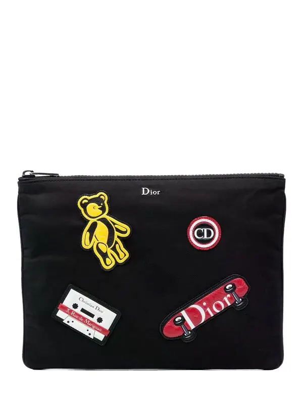 Dior Nylon Patch Embellished Zip Clutch Bag - Black