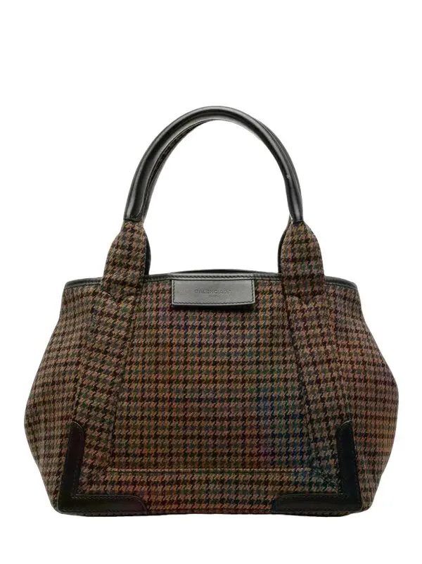 Balenciaga 2017 Wool Houndstooth Navy Cabas S Tote Bag - Brown