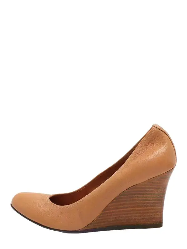 LANVIN Leather Grained Texture Round Toe Slip-on Wedge Pumps - Brown