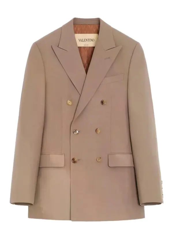 Valentino Garavani Double-breasted Jacket In Natté-wool - Neutrals