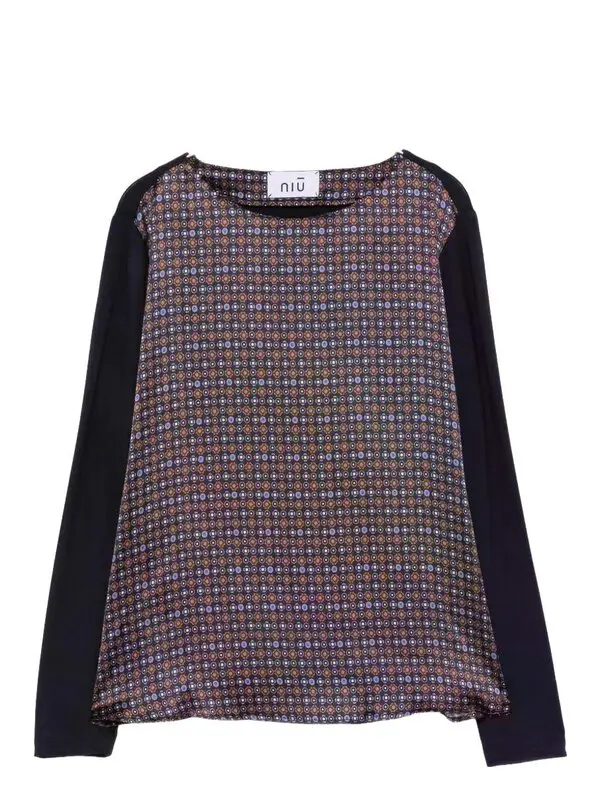 NIU Geometric Print Blouse With Boat Neck And Long Sleeves - Blue