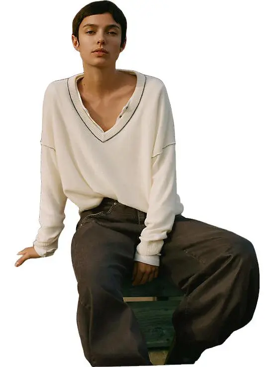 PILCRO 100% Cashmere V-neck Striped Sweater - Ivory