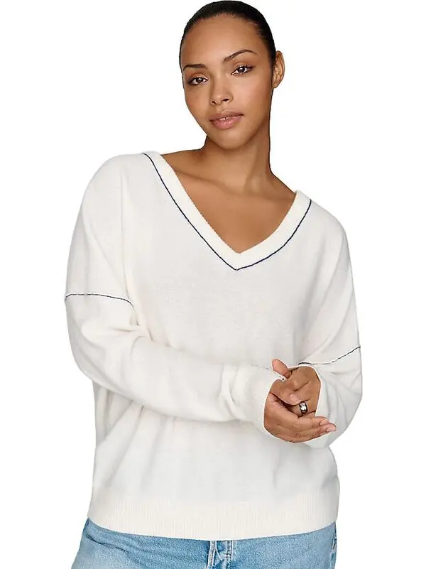 PILCRO 100% Cashmere V-neck Striped Sweater - Ivory