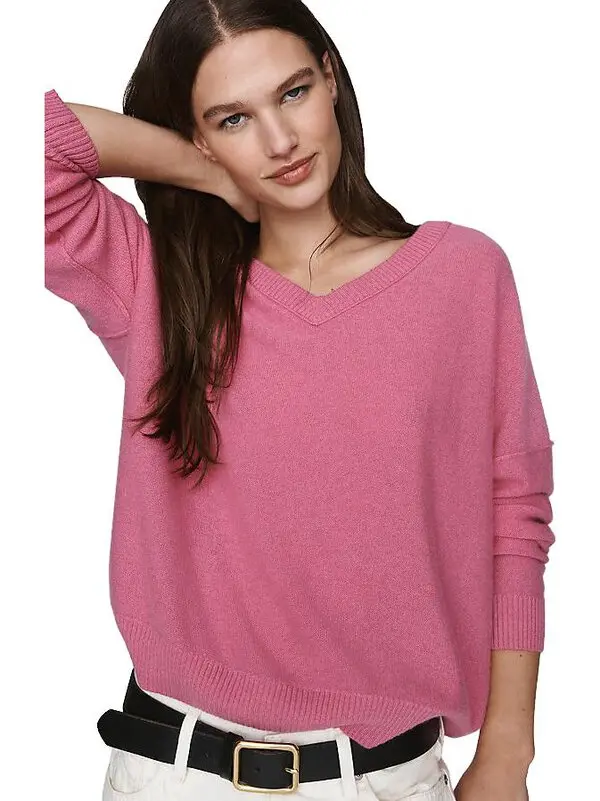 PILCRO 100% Cashmere V-neck Striped Sweater - Raspberry