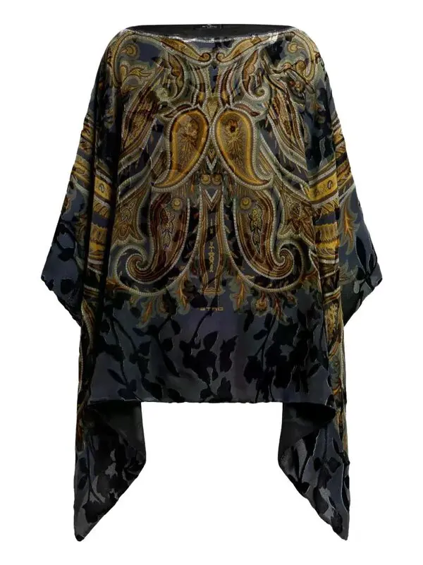 Etro Burnout Velvet Poncho Top With Placed Paisley Print - Grey