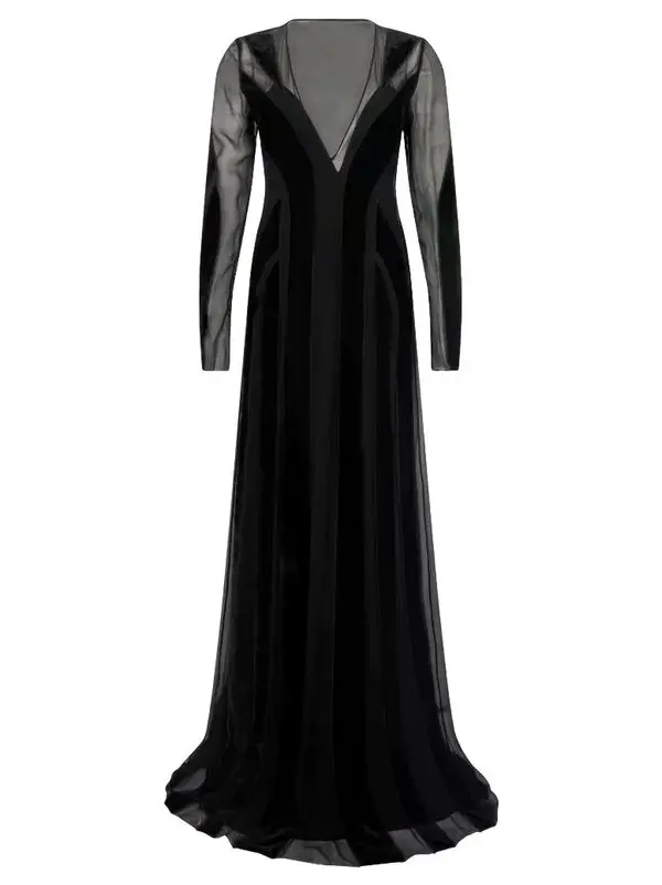 Alberta Ferretti Sheer-panelled Velvet-trim Maxi Dress - Black