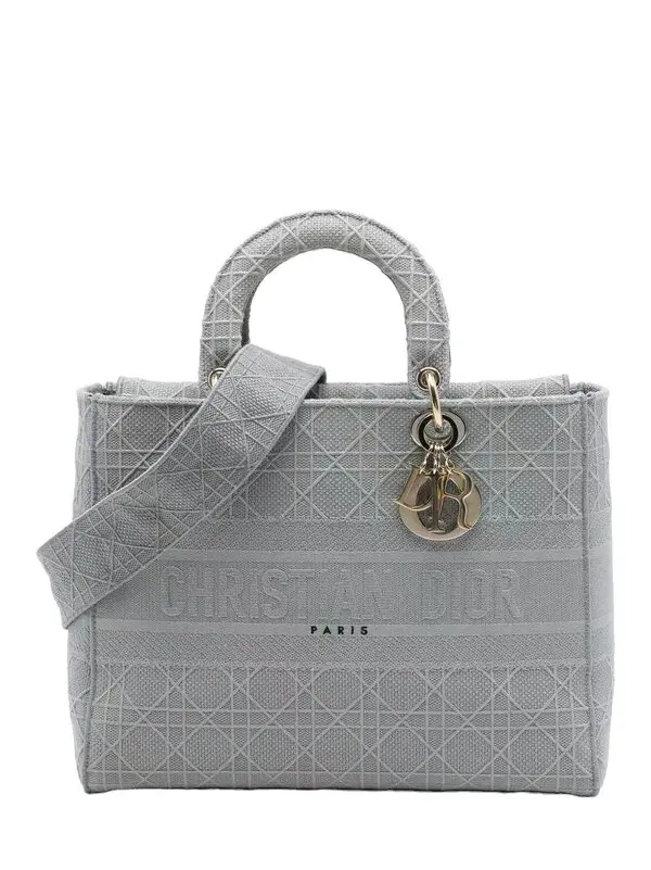 Dior Large Embroidered Canvas Cannage Lady D Lite Satchel - Grey