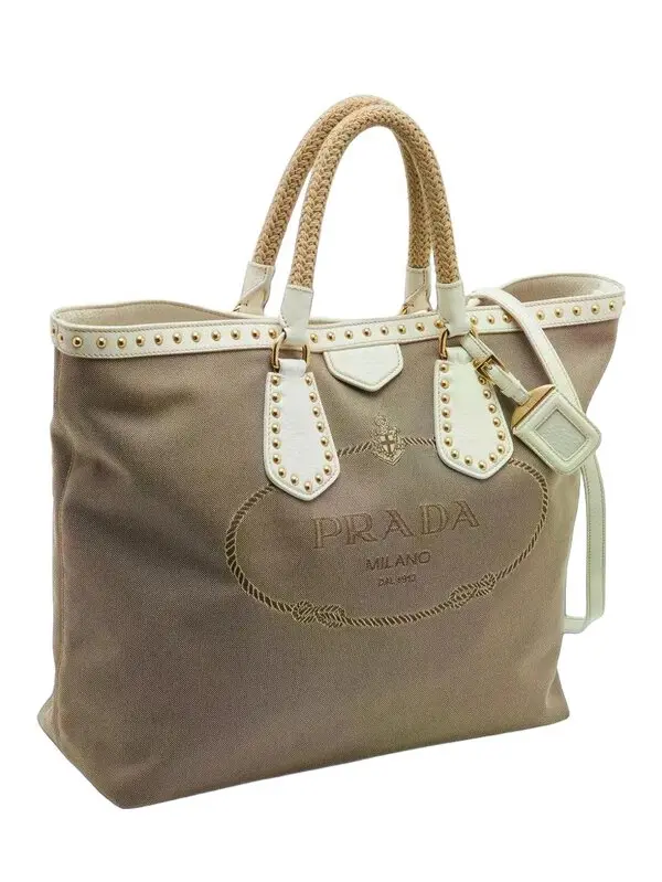 Prada Canapa Studded Two-way Handbag - Neutrals