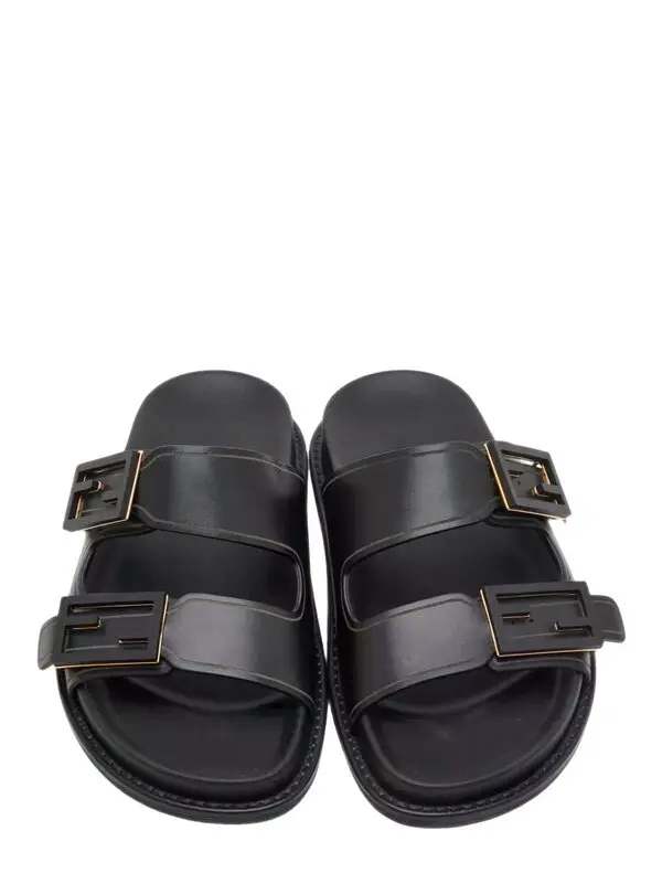 Fendi Leather Ff Buckle Flat Sandals - Black