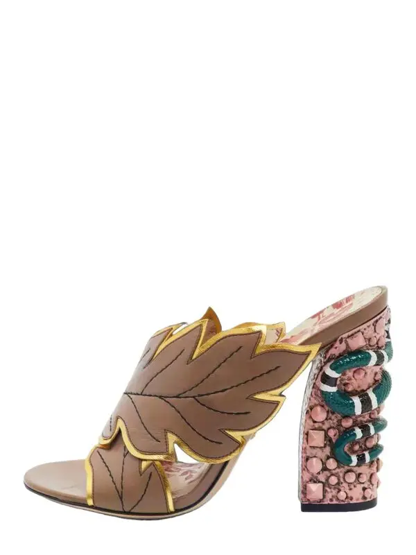 Gucci Webby Leaf Embellished Snake Detail Block Heel Sandals - Neutrals