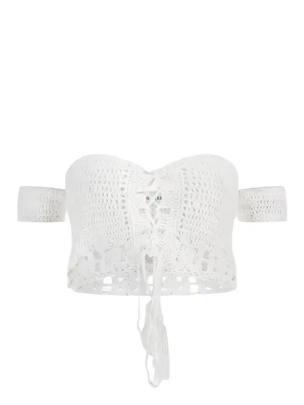 Guess Crochet Knit Lace-up Off-the-shoulder Top - White