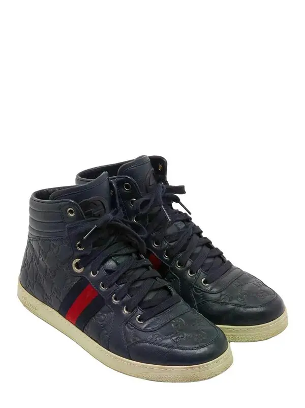 Gucci Leather High-top Sneakers With Embossed Pattern And Web Stripe - Blue