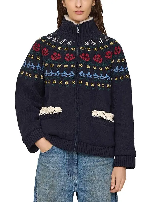 Sea Preston Sherpa Lined Cardigan Jacket With Fair Isle Print - Navy