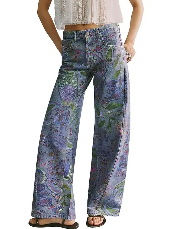 Free People Alter Ego Printed Wide Leg Jeans - Dusk Combo