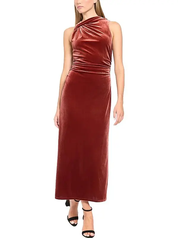 Maggy London Velvet Knot Shoulder Midi Dress - Fire Brick
