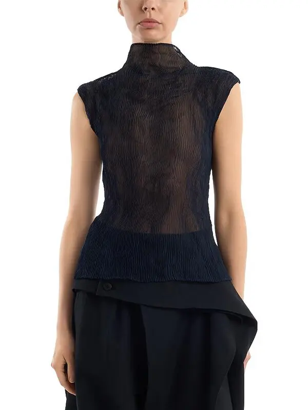 Issey Miyake High-neck Sleeveless Pleated Top - Dark Navy