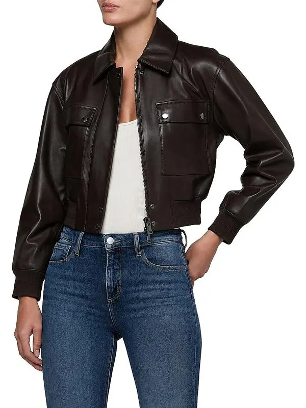 L'Agence Clotilde Leather Bomber Jacket - Brunette