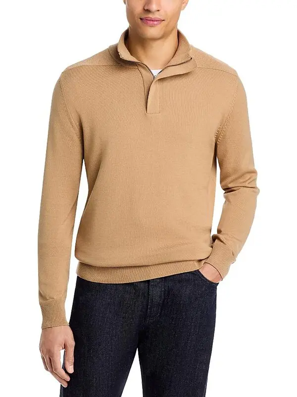 BOSS Liorman Wool & Cotton Zip Neck Sweater - Medium Beige