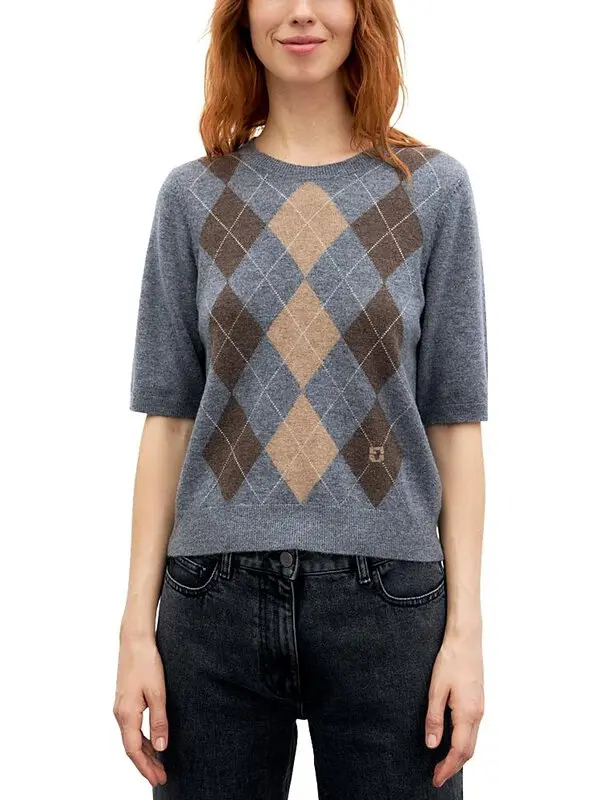 Gerard Darel Wool Elbow Sleeve Argyle Pullover Sweater - Grey