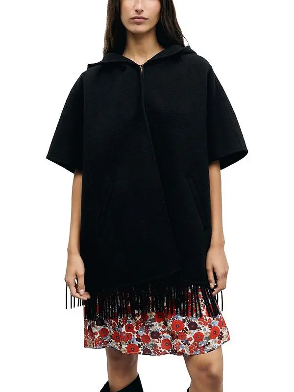Gerard Darel Ady Hooded Cape Coat With Fringe Hem - Black