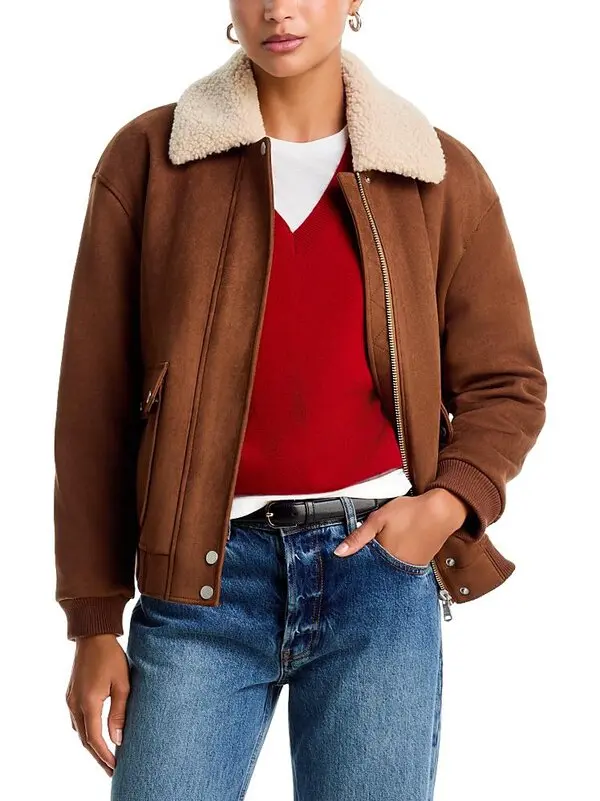 Aqua Faux Fur Trimmed Faux Suede Aviator Jacket - Brandy