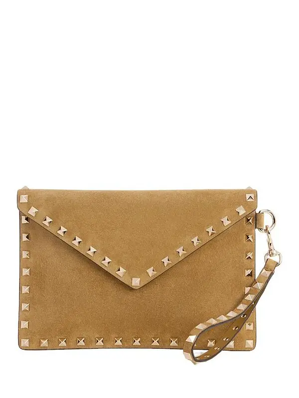 Valentino Garavani Rockstud Medium Suede Flat Pouch - Beige