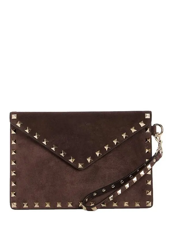 Valentino Garavani Rockstud Medium Suede Flat Pouch - Brown