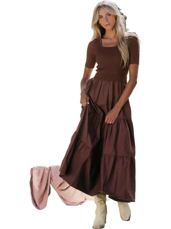 FLYING TOMATO Astra Tiered Maxi Dress - Espresso