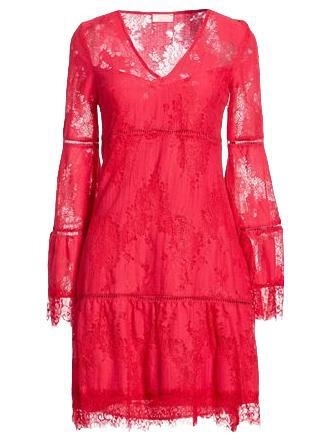 Liu Jo Long Sleeve V-neck Lace Midi Dress - Red