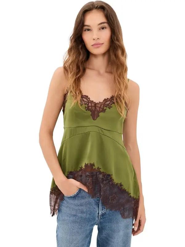 Staud Lina Silk Top With Lace Trim - Pear