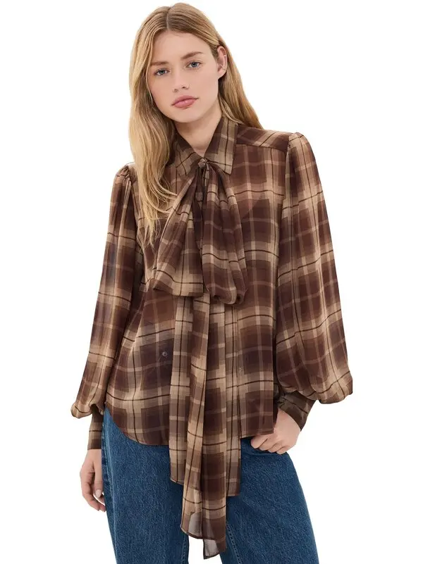 Bardot Cecile Plaid Chiffon Scarf Blouse - Brown Check