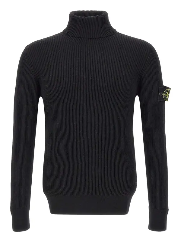 Stone Island Ribbed Wool Turtleneck Sweater - Black