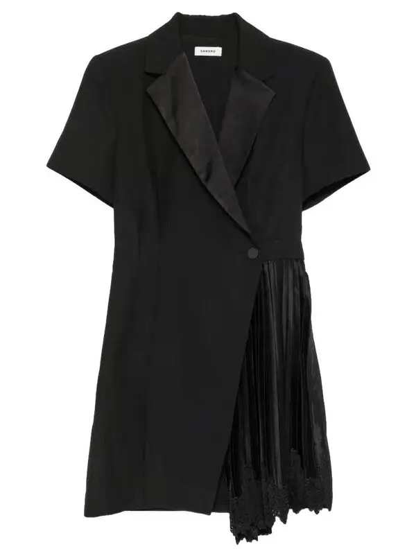 Sandro Pleated Lace-trim Mini Dress - Black