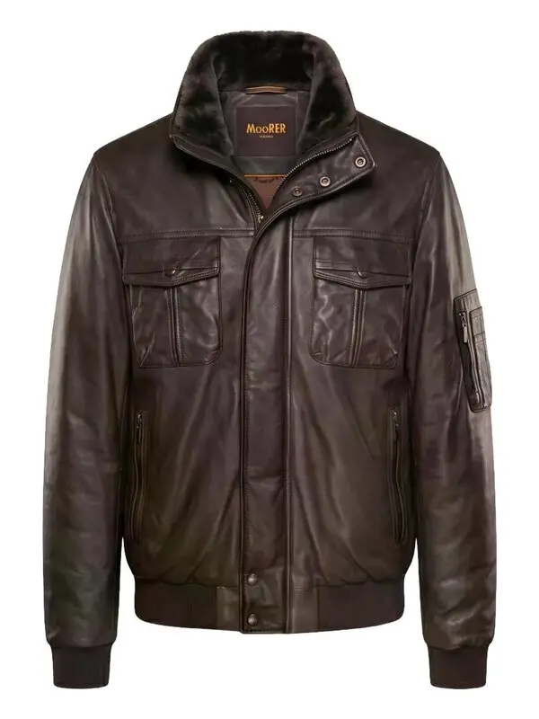 MOORER Leather Bomber Jacket - Brown