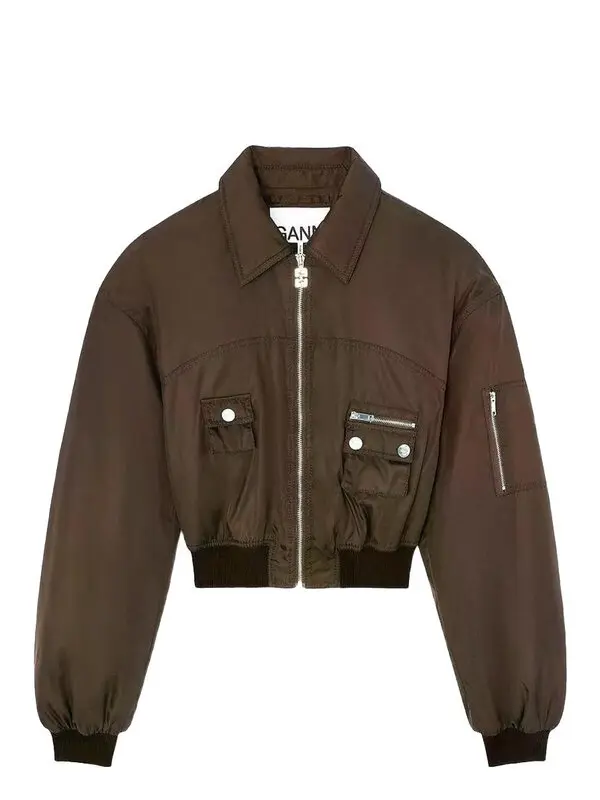 GANNI Duchesse Nylon Bomber Jacket - Brown