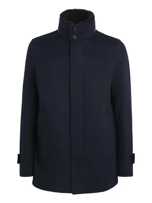 Herno Pure Cashmere Stand Collar Car Coat - Navy