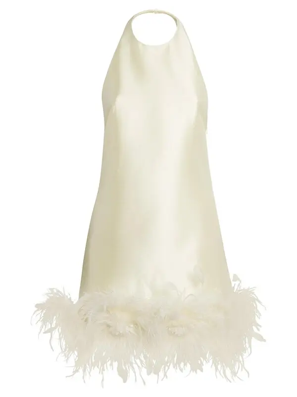 SELF-PORTRAIT Taffeta Feather-trim Halterneck Mini Dress - Yellow