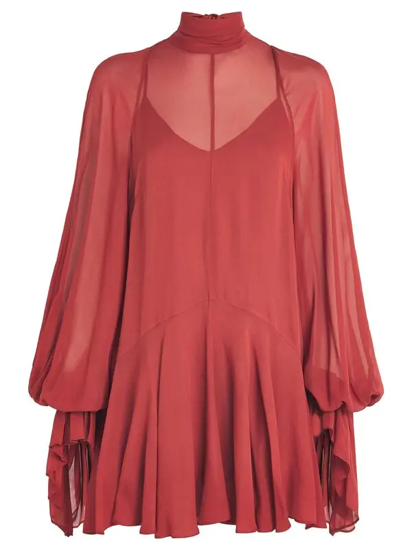 DE LA VALI Georgette Casimiro Mini Dress With Billowy Cuffs - Red