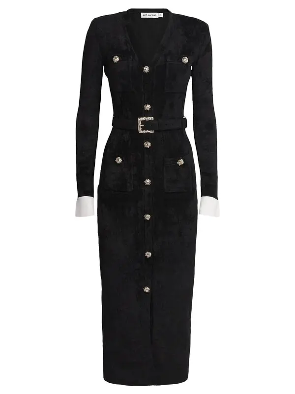 SELF-PORTRAIT Chenille Midi Dress With Embellished Buttons - Black