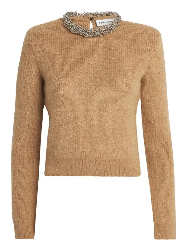 SELF-PORTRAIT Beaded Neckline Alpaca Wool Blend Sweater - Brown