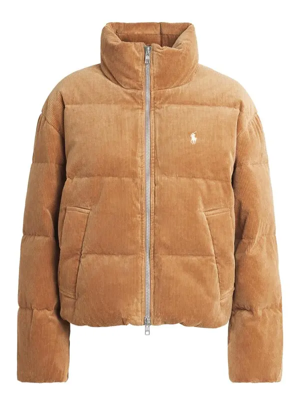 Polo Ralph Lauren Corduroy Down-filled Puffer Jacket With Stand Collar And Zip Up Closure - Beige