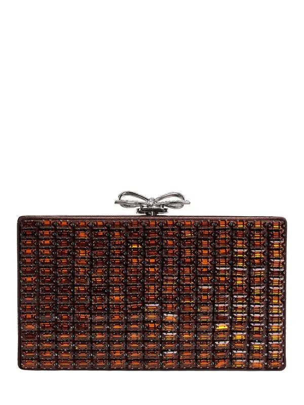 SELF-PORTRAIT Crystal Chainmail Clutch Bag With Bow Detail - Brown