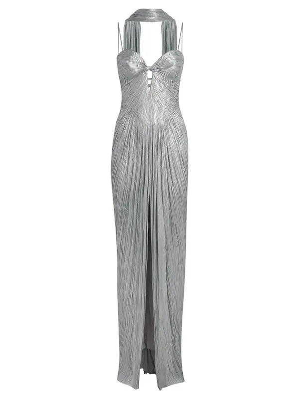 MARIA LUCIA HOHAN Silver Metallic Silk Cut-out Gown - Blue
