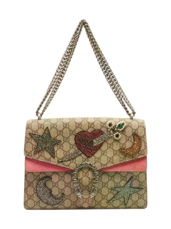 Gucci Medium Dionysus Gg Supreme Shoulder Bag With Embellished Patches - Neutrals