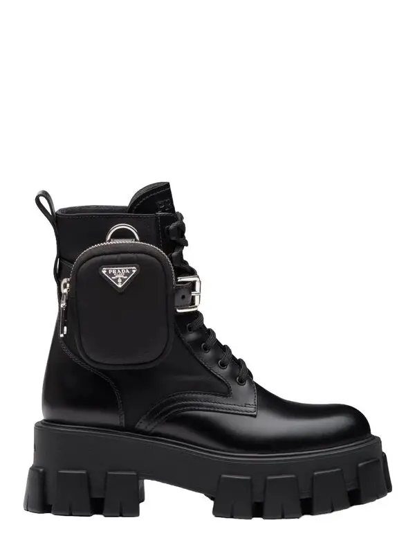 Prada Monolith Leather And Re-nylon Combat Boots With Pouch - Black