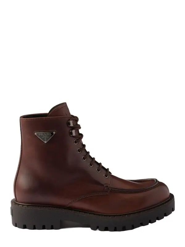 Prada Lace Up Leather Ankle Boots - Ebony